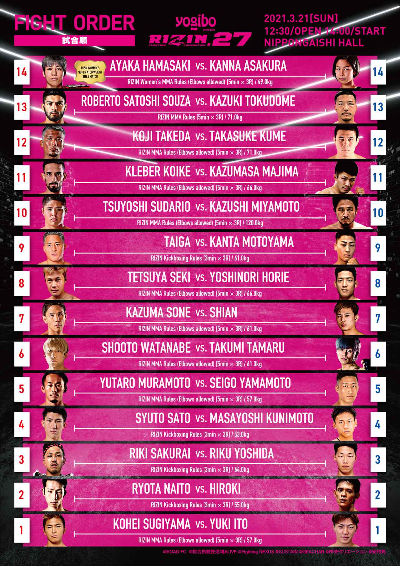Yogibo presents RIZIN.27 at Nagoya Gaishi Hall fight order confirmed ...